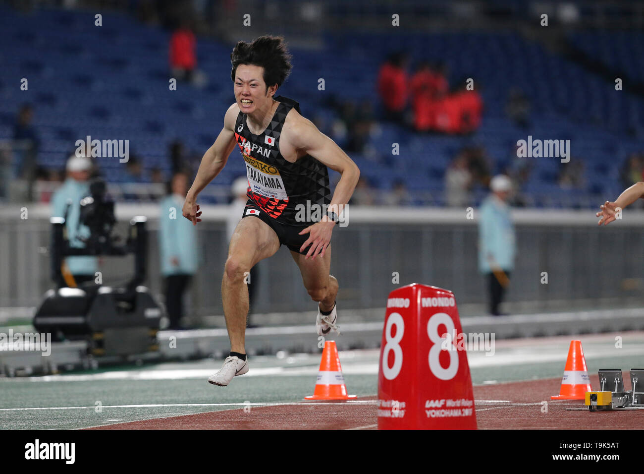 YOKOHAMA, JAPAN - MAY 10: Shunya Takayama of Japan in the final of the mixed shuttle hurdles ...