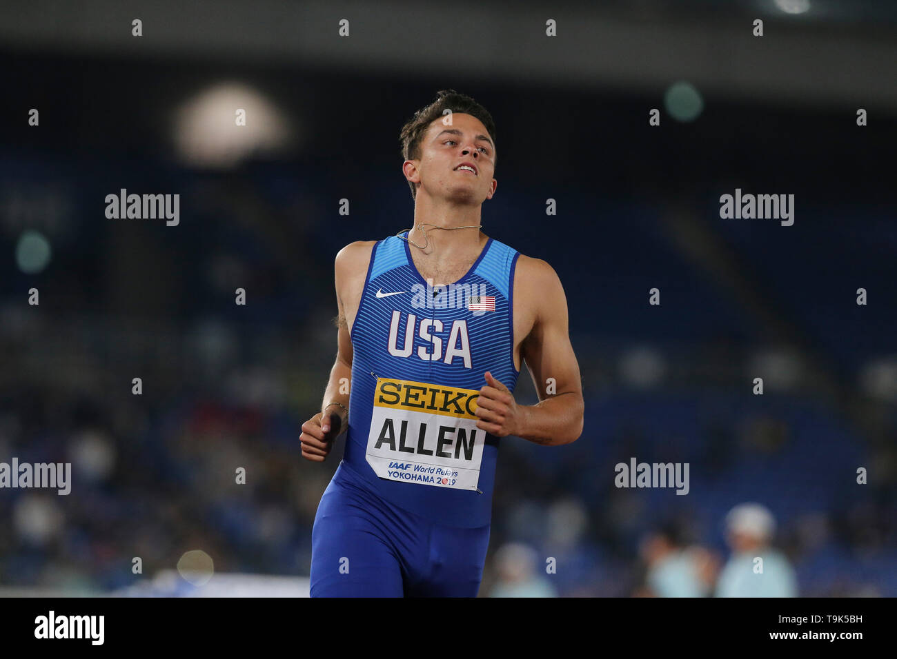 YOKOHAMA, JAPAN - MAY 10: Devon Allen of the USA wins the mixed shuttle ...