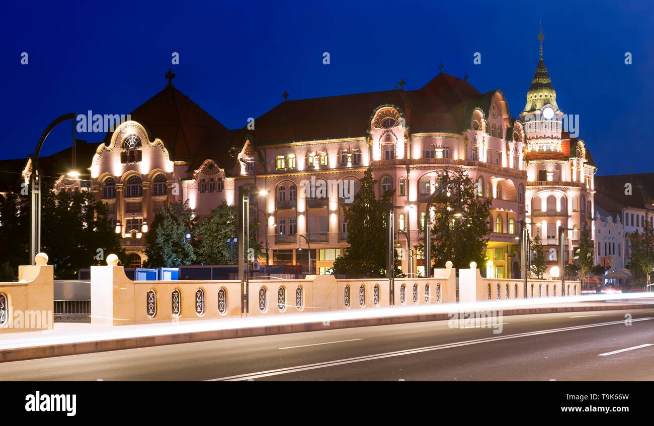 Illuminated monumental building of hotel in Oradea, Romania Stock Photo ...