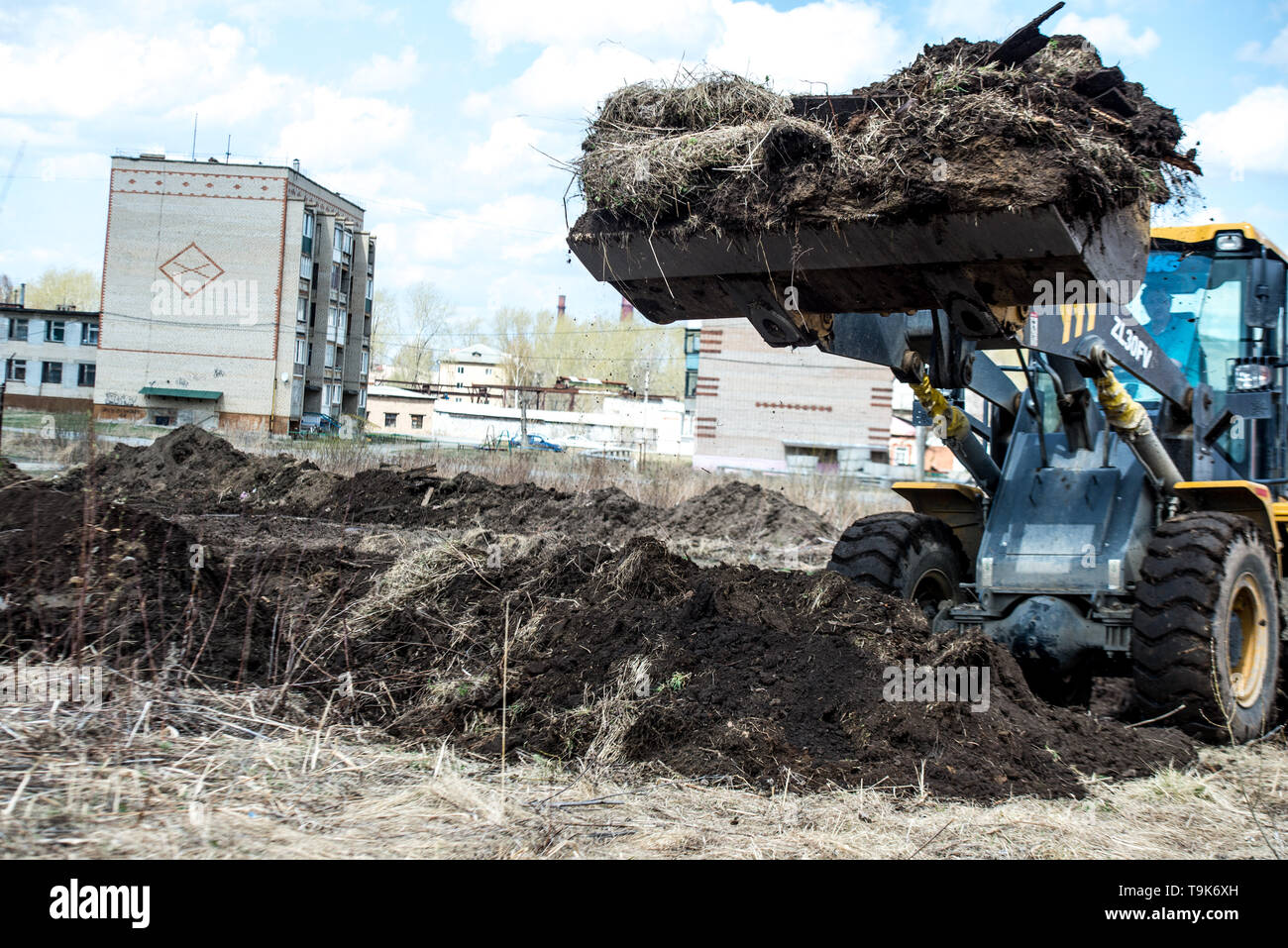 Chelyabinsk region, Russia - May 2019: bulldozer pushes the ground ...