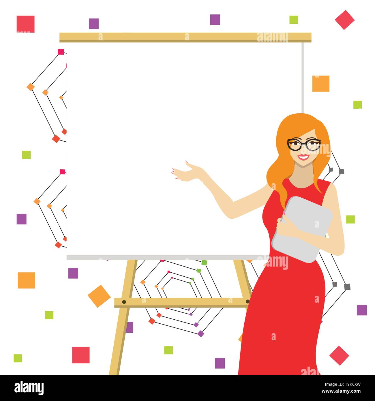 White Female in Glasses Standing by Blank Whiteboard on Stand ...