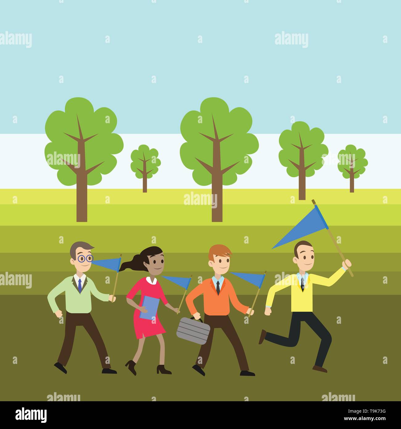 People Crowd Flags Pennants Headed by Leader Running Demonstration ...