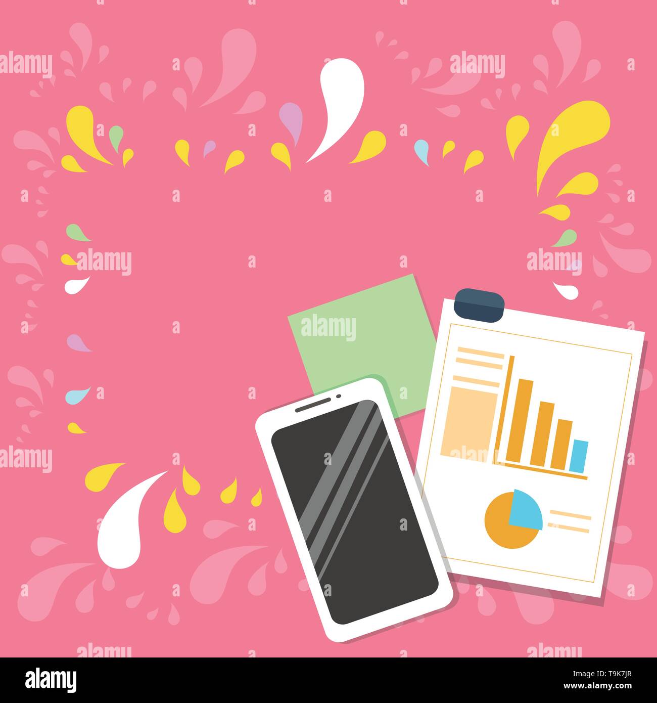 Layout Smartphone Off Sticky Notes Clipboard with Pie Chart and Bar ...