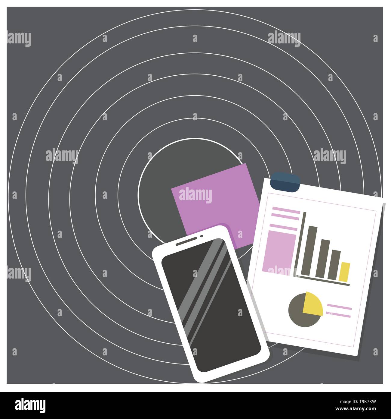 Layout Smartphone Off Sticky Notes Clipboard with Pie Chart and Bar ...
