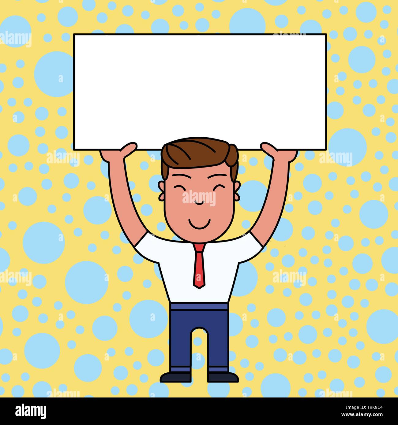 Smiling Man Standing Holding Big Empty Placard Overhead with Both Hands ...
