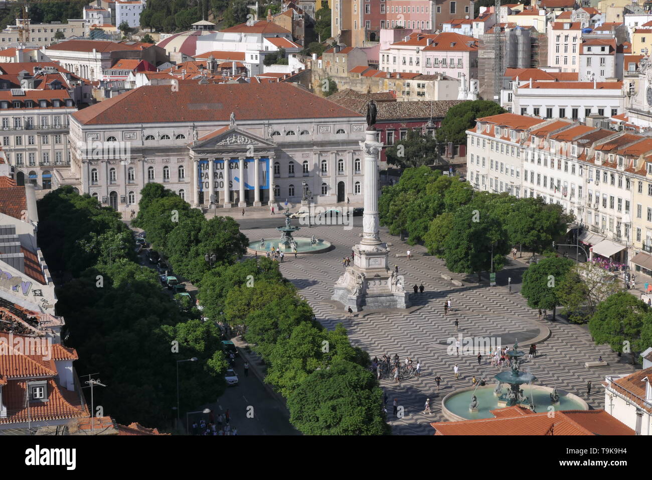 The Rossio square in the main center of the city center of Lisbon with ...