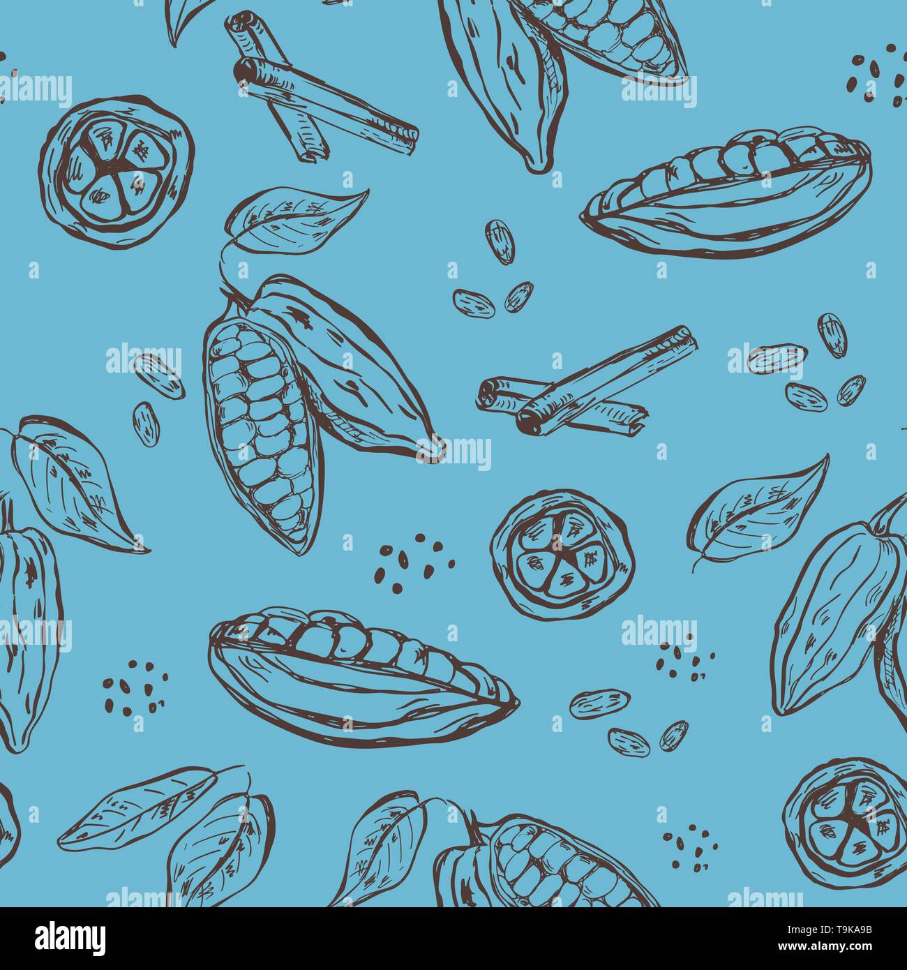 Pattern with hand drawn elements. Cocoa pods, beans and leaves on blue ...