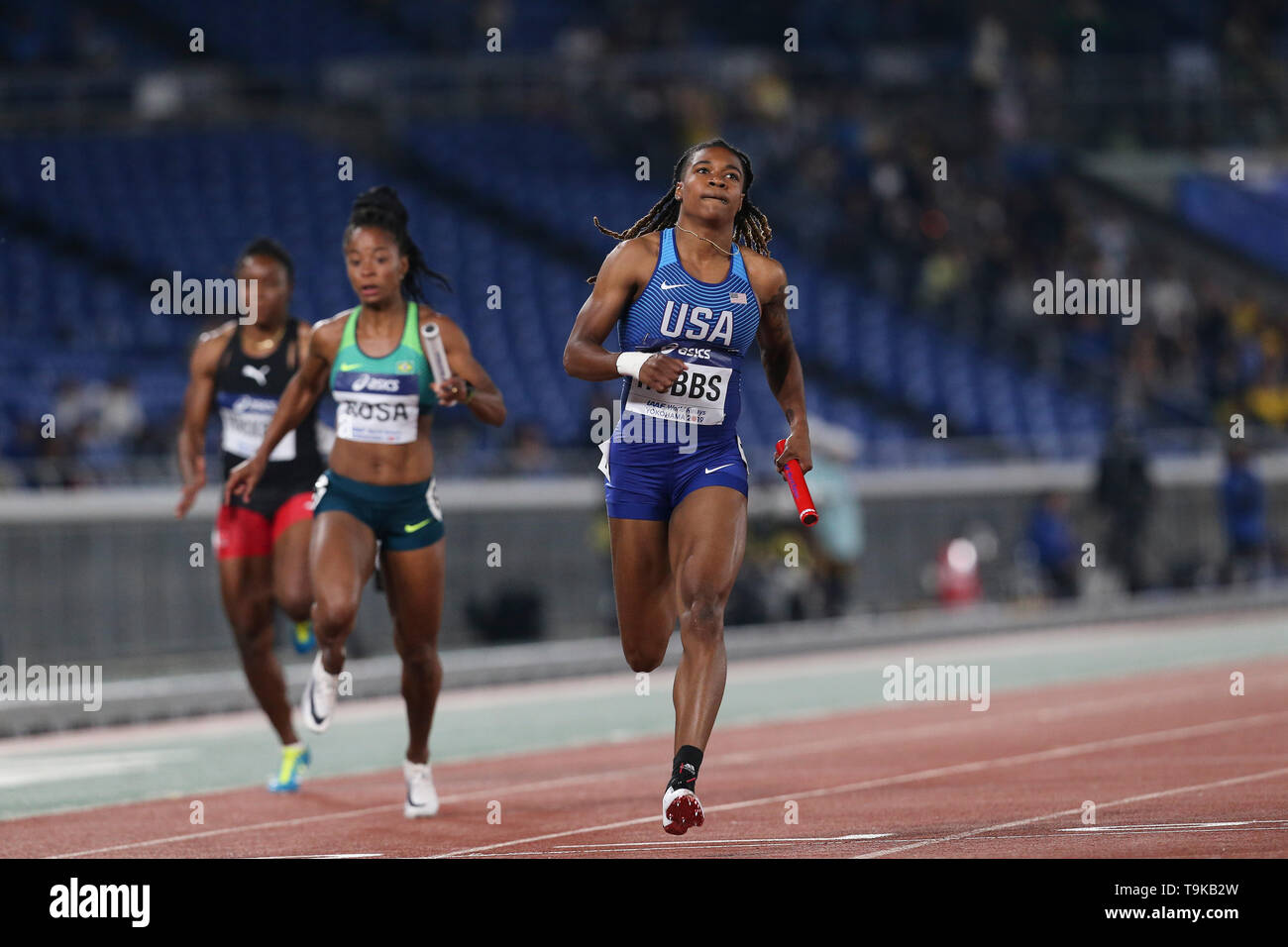 YOKOHAMA, JAPAN - MAY 10: Aleia Hobbs of the USA in the women's 4x100m ...
