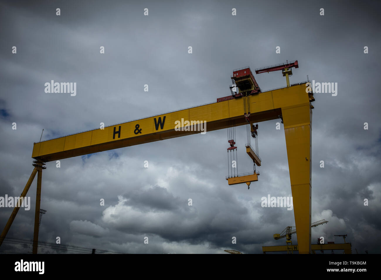 Large yellow H&W Crane at Harland and Wolffe Shipyard in Belfast Stock ...