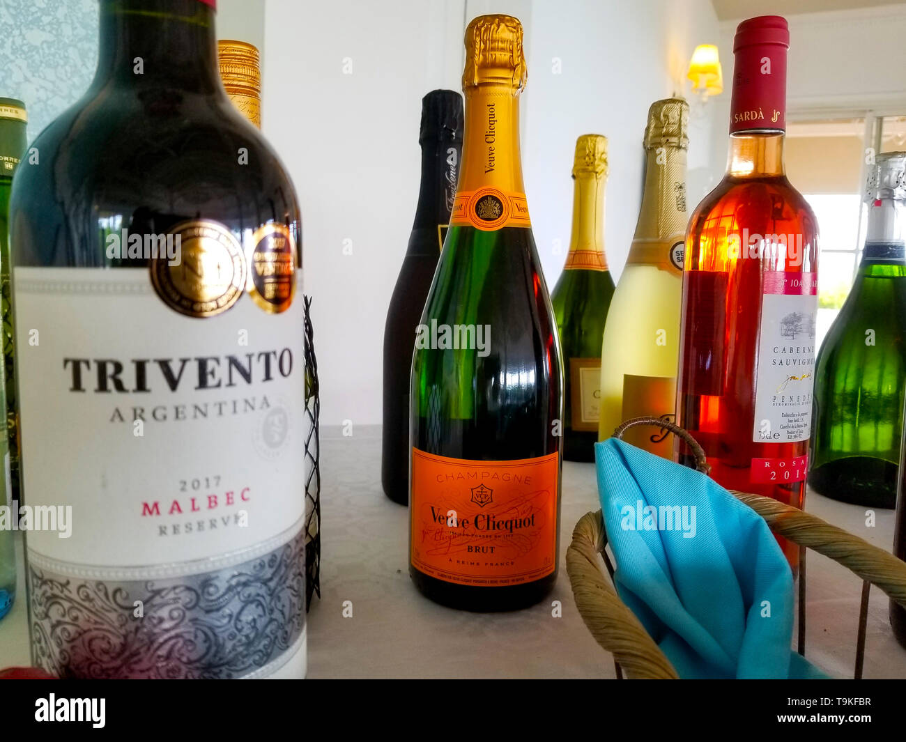 Caibarien, Cuba, April 16, 2019: several wines at Punta pirate ...