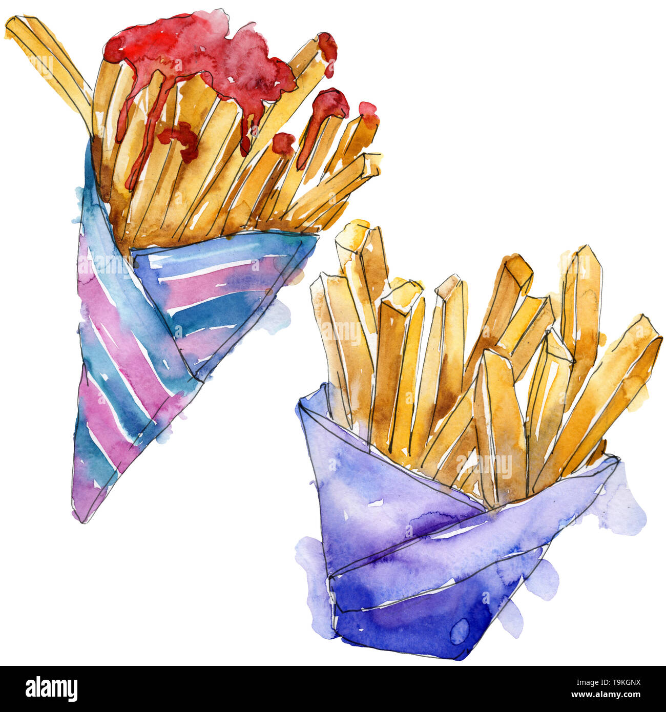 Fast food french fries in a watercolor style set. Aquarelle food ...
