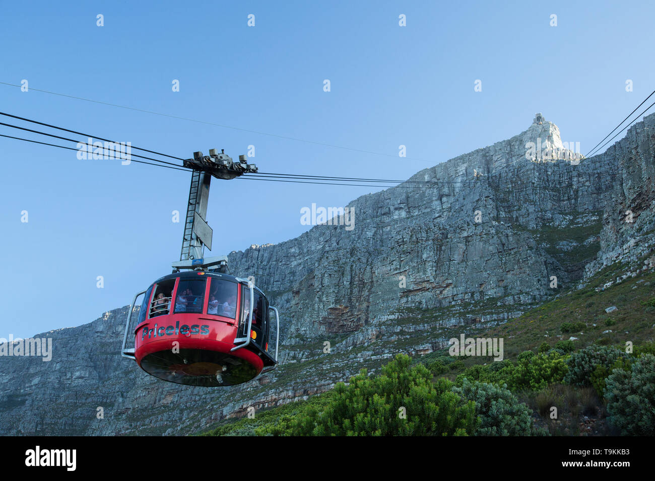 A cable car goes up Table Mountain in Cape Town, South Africa Stock ...