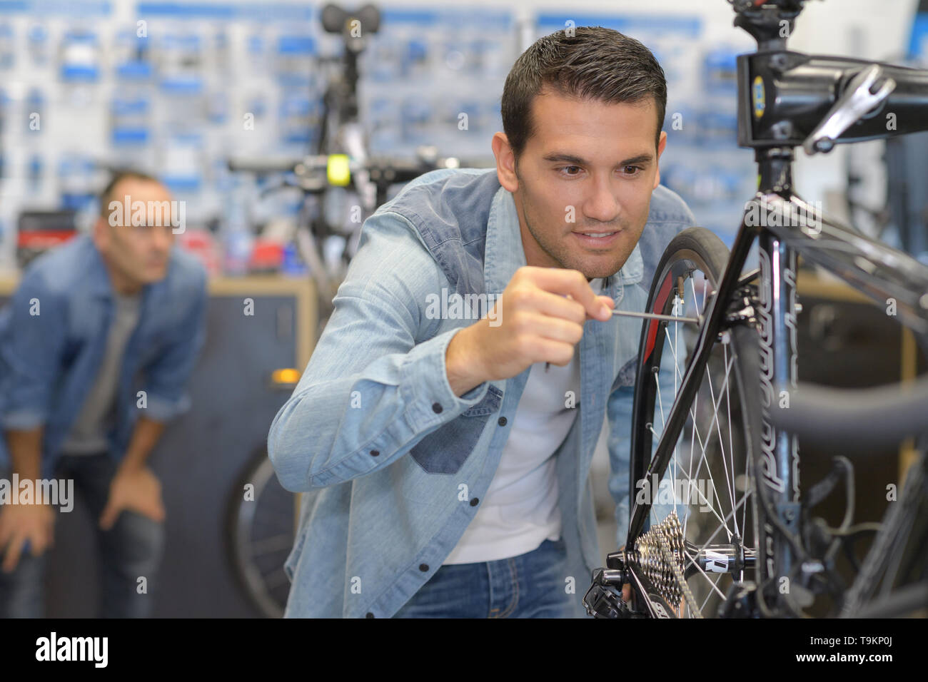repair specialist fixing a bike Stock Photo - Alamy