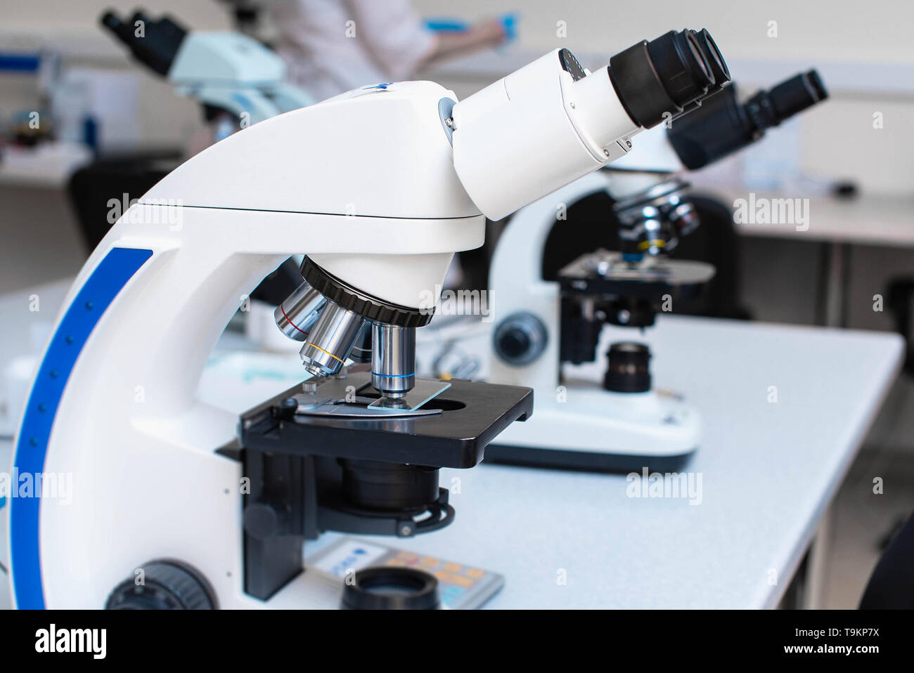 Microscopes on the table in the laboratory. Medical laboratory for the ...