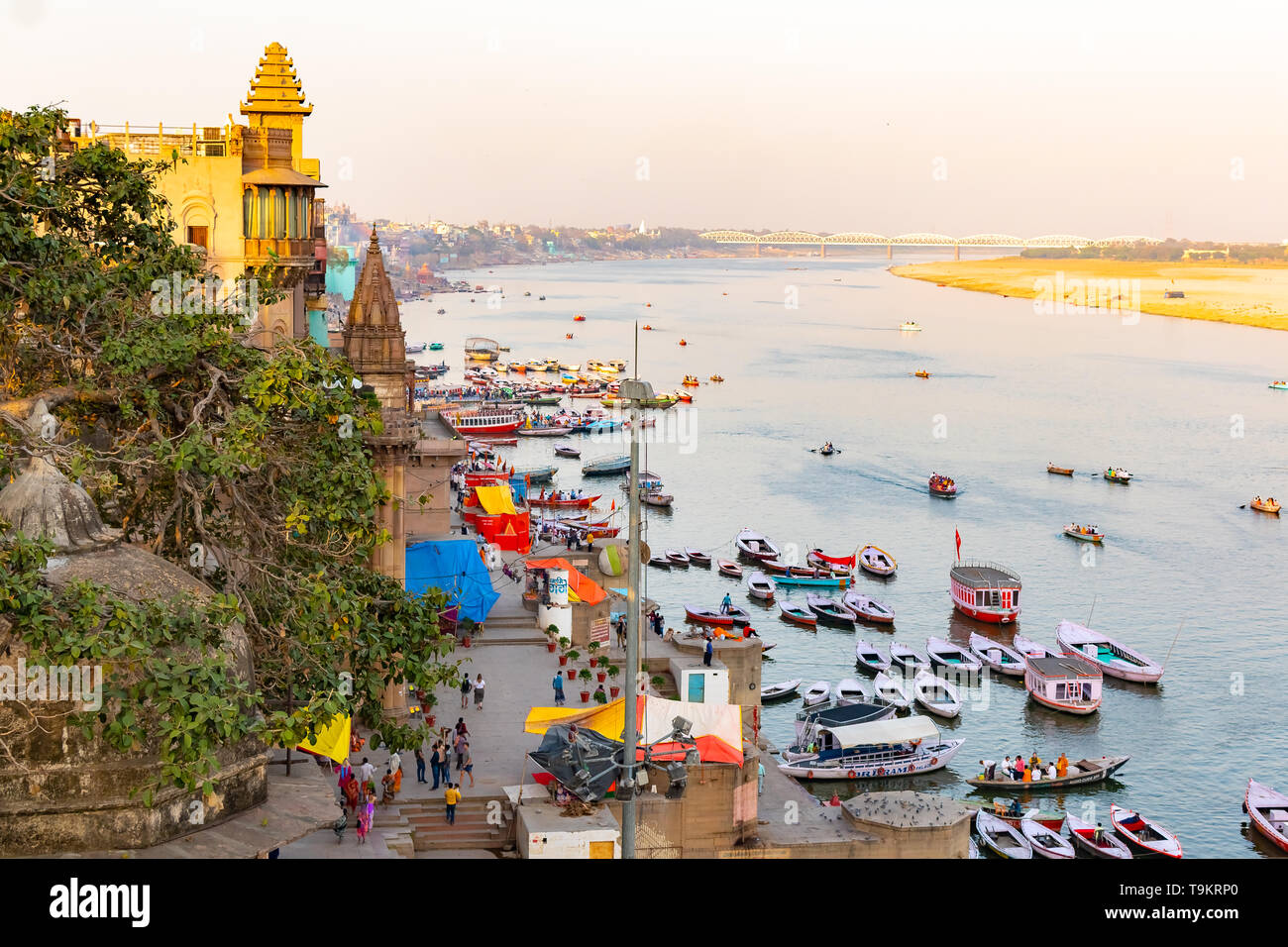 Varanasi Ganges river ghat with ancient city architecture as viewed ...