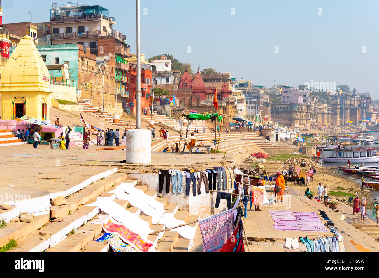 Varanasi Ganges river ghat with ancient city architecture as viewed ...
