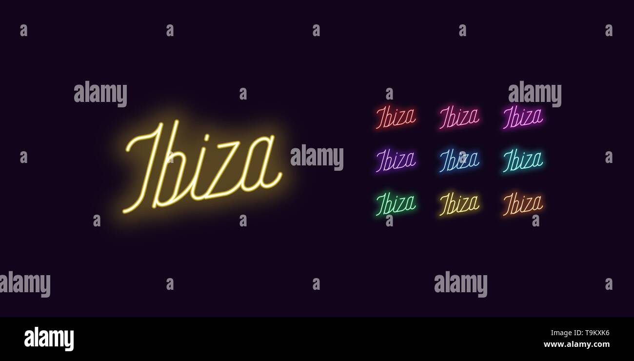 Neon lettering of Ibiza name. Neon text of Ibiza island. Set of glowing ...