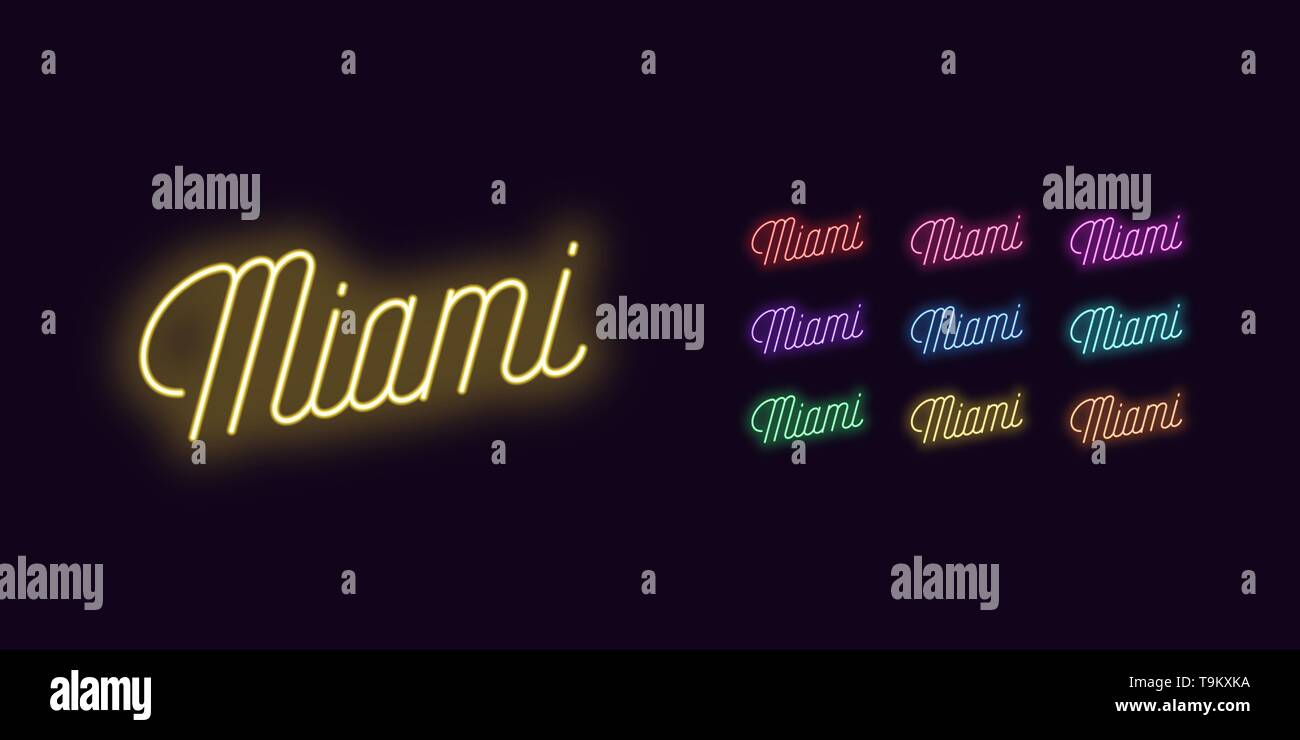 Neon lettering of Miami name. Neon text of Miami city. Set of glowing ...