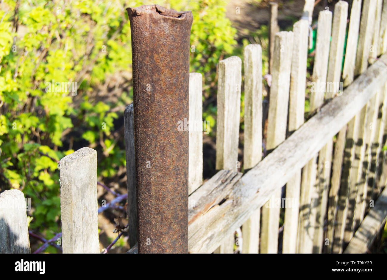 Old rusty metal pipe, pillar, and wooden fence at the garden in spring ...