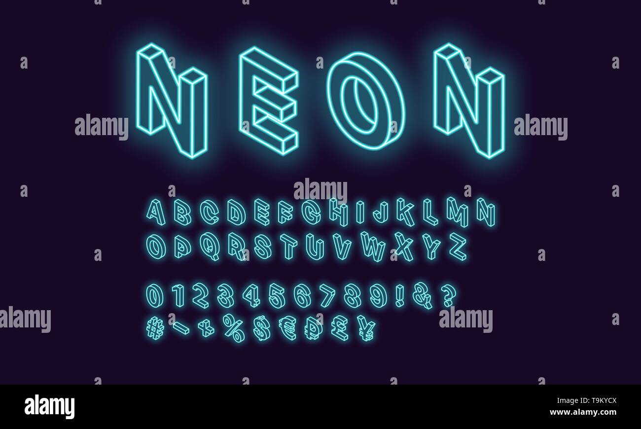 Neon isometric alphabet, Azure color. Neon outlined Font with set of ...