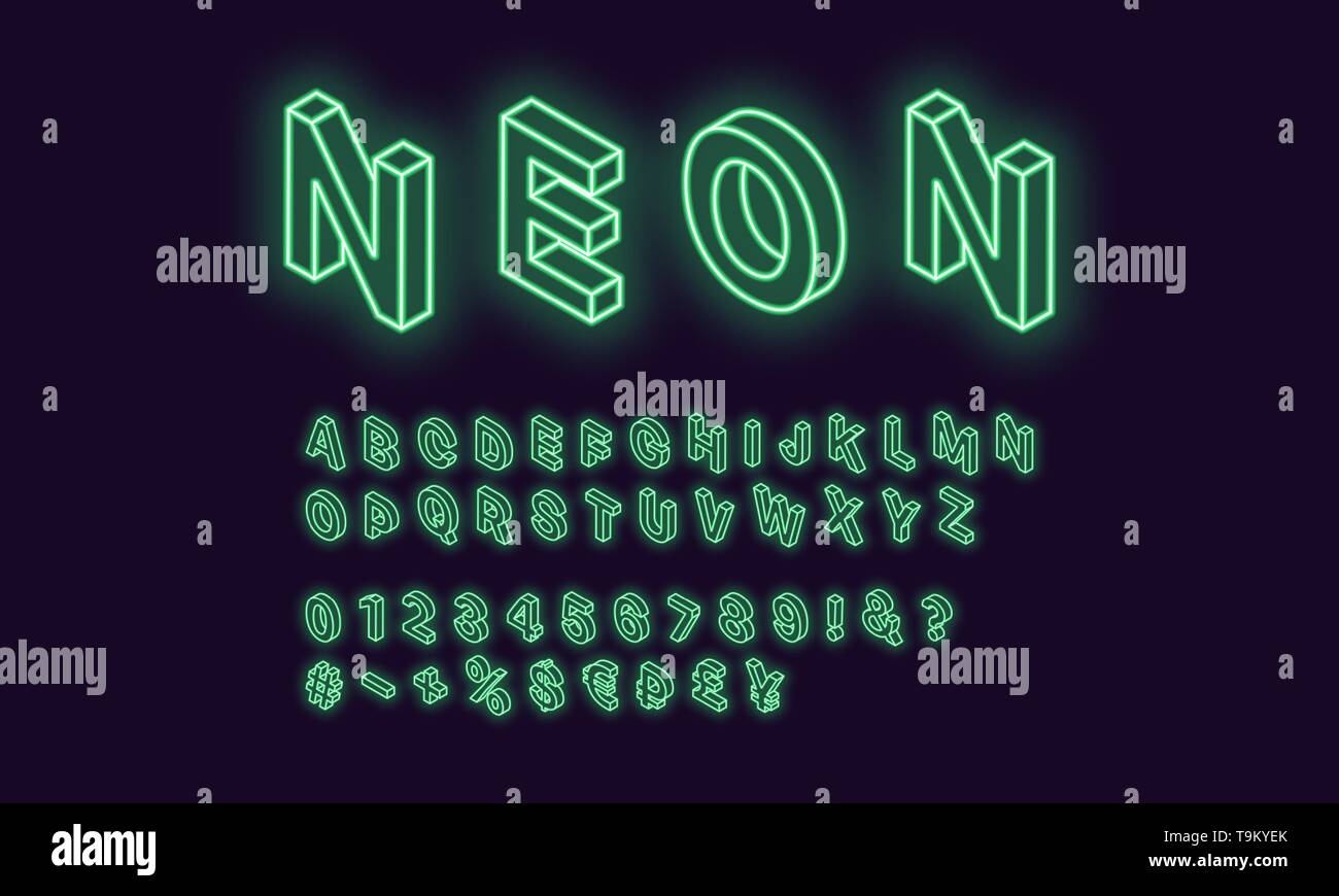 Neon isometric alphabet, Green color. Neon outlined Font with set of ...