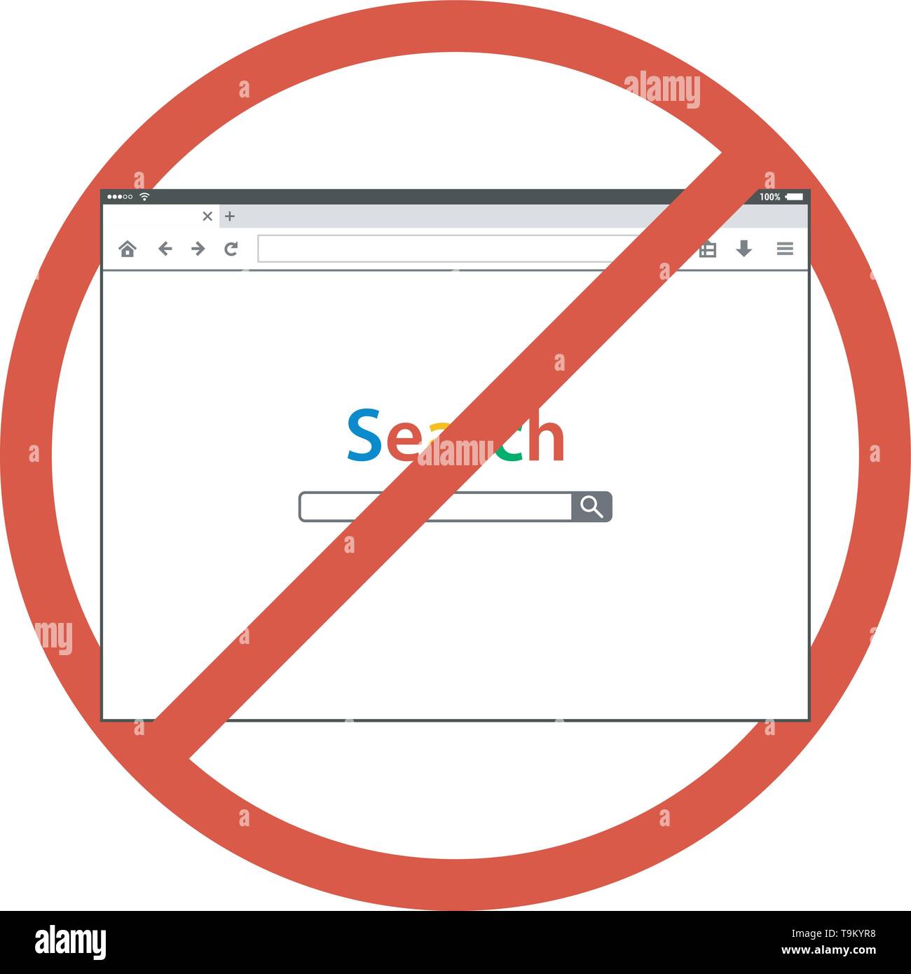 Browser window with search in prohibition sign. Browser banned ...