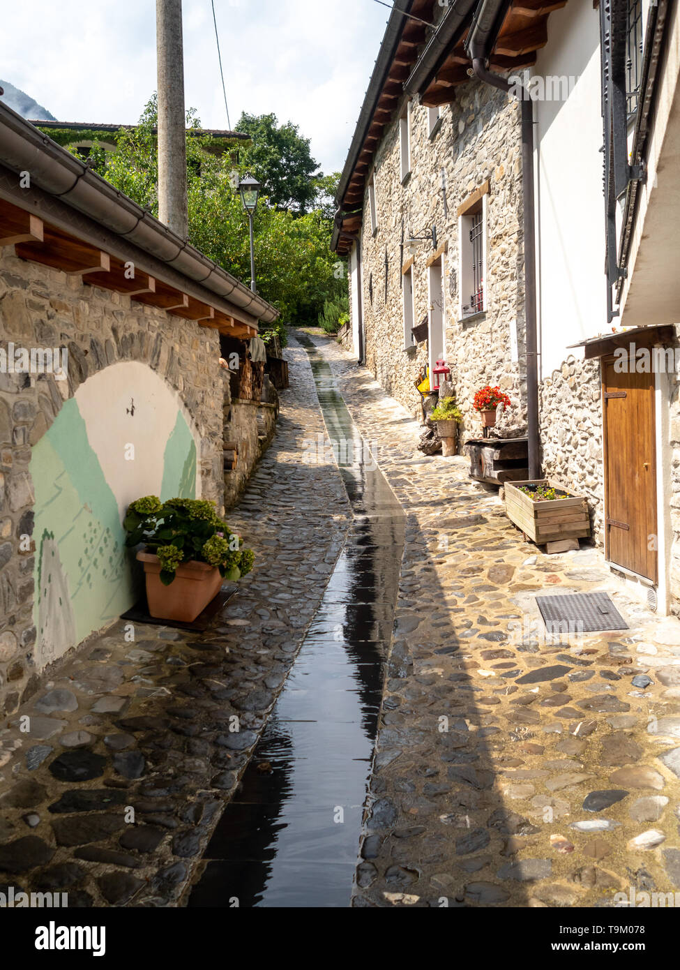 pedestrian street in small Italian village Molini di Triora in Liguria ...