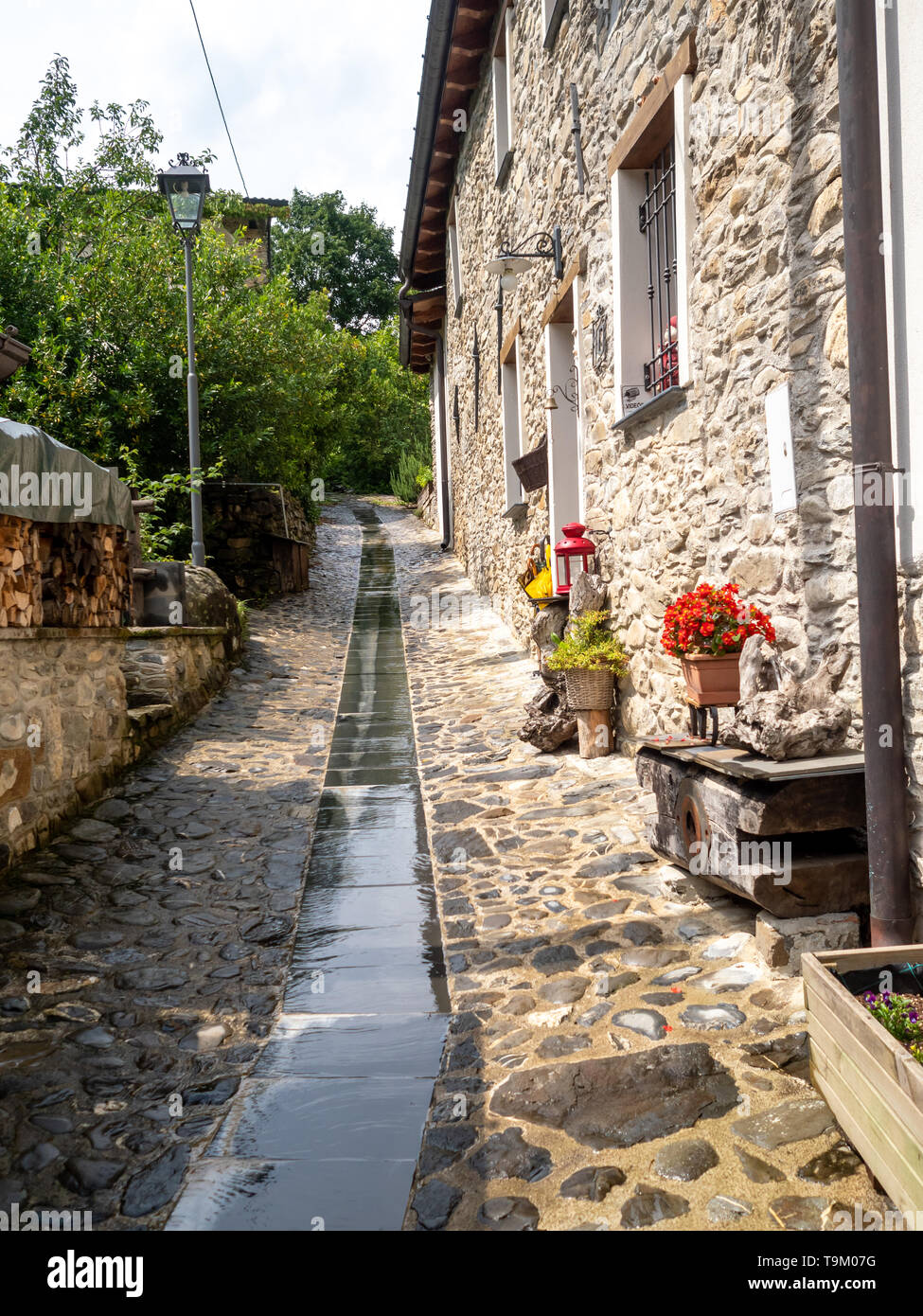 pedestrian street in small Italian village Molini di Triora in Liguria ...