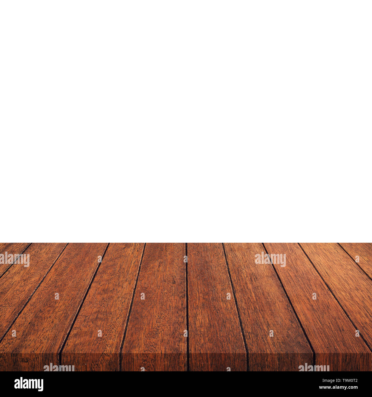 Empty wood table on isolate white background and display montage for ...