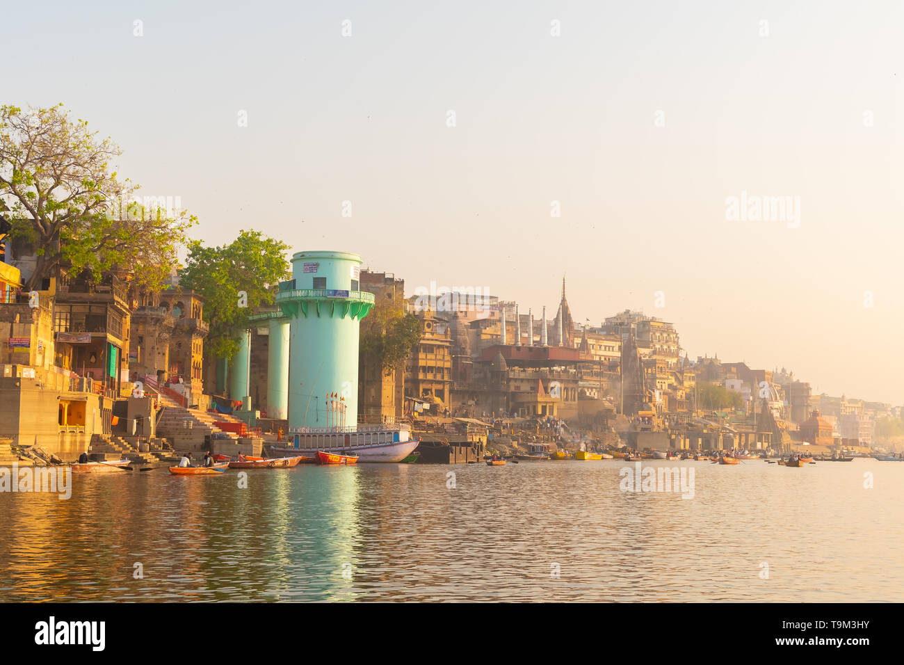 Varanasi city with ancient architecture, view of the holy ghats at ...