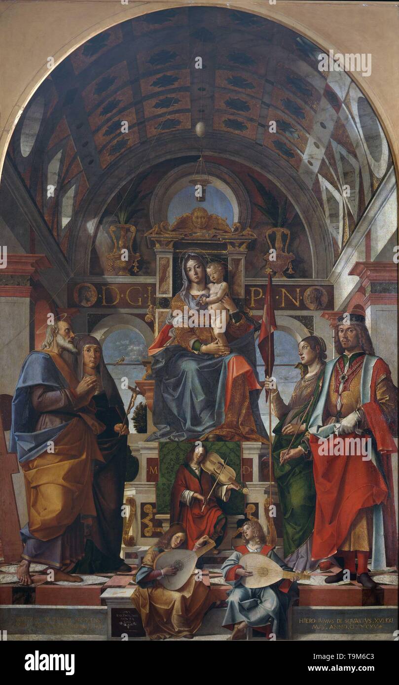 The Virgin and Child enthroned with saints and angels making music. Museum: Pinacoteca di Brera ...