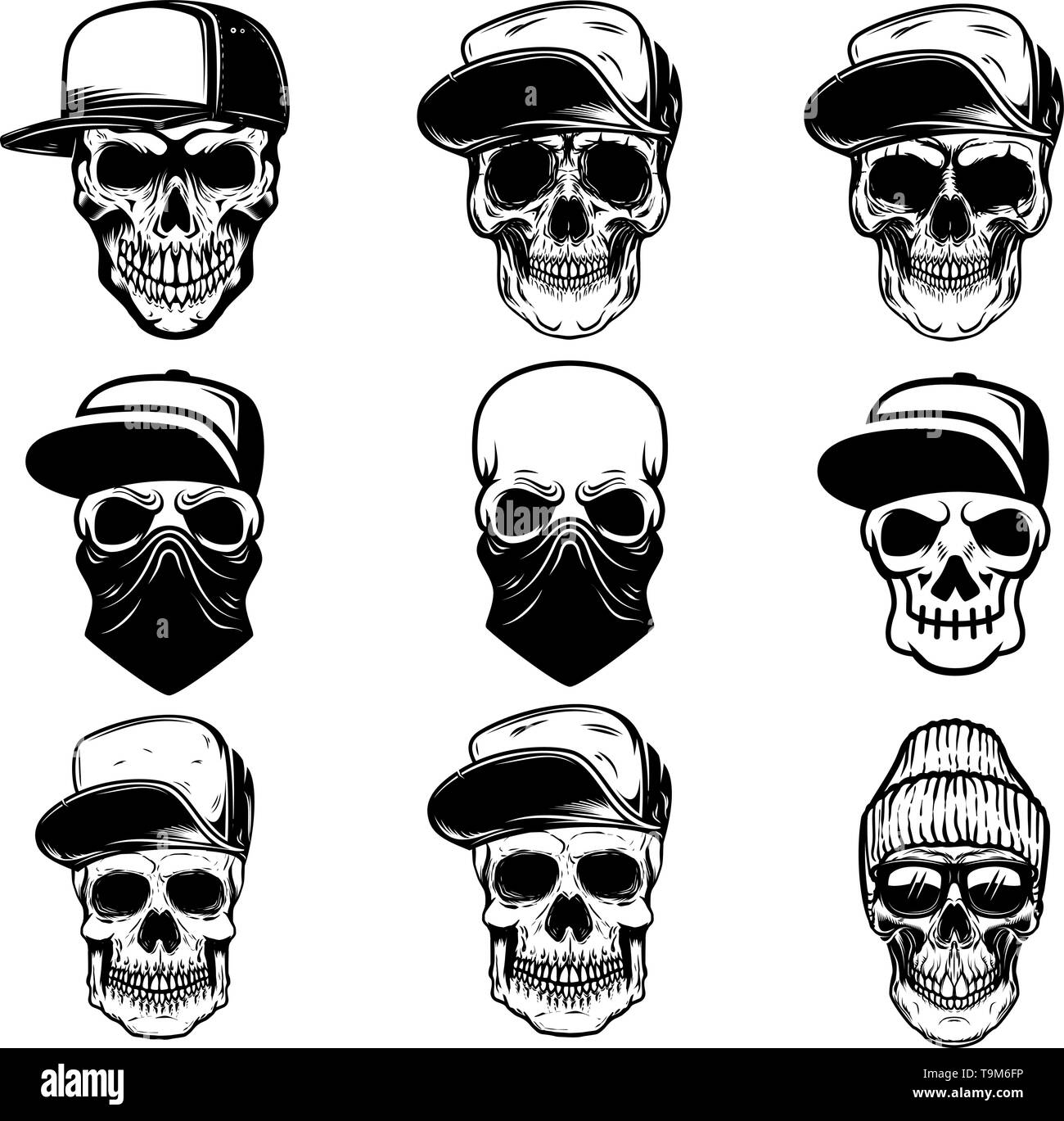 Set Of Skulls In Baseball Cap And Bandana Design Element For Logo Label Sign Poster Banner