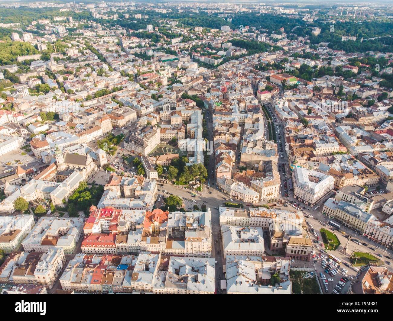aerial view old european city with red roofs. copy space Stock Photo ...