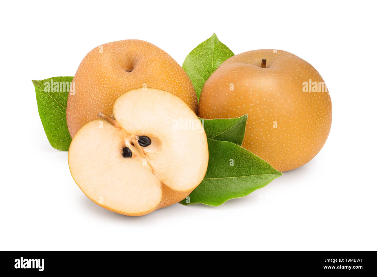 Fresh asian pear with leaf isolated on white background Stock Photo - Alamy