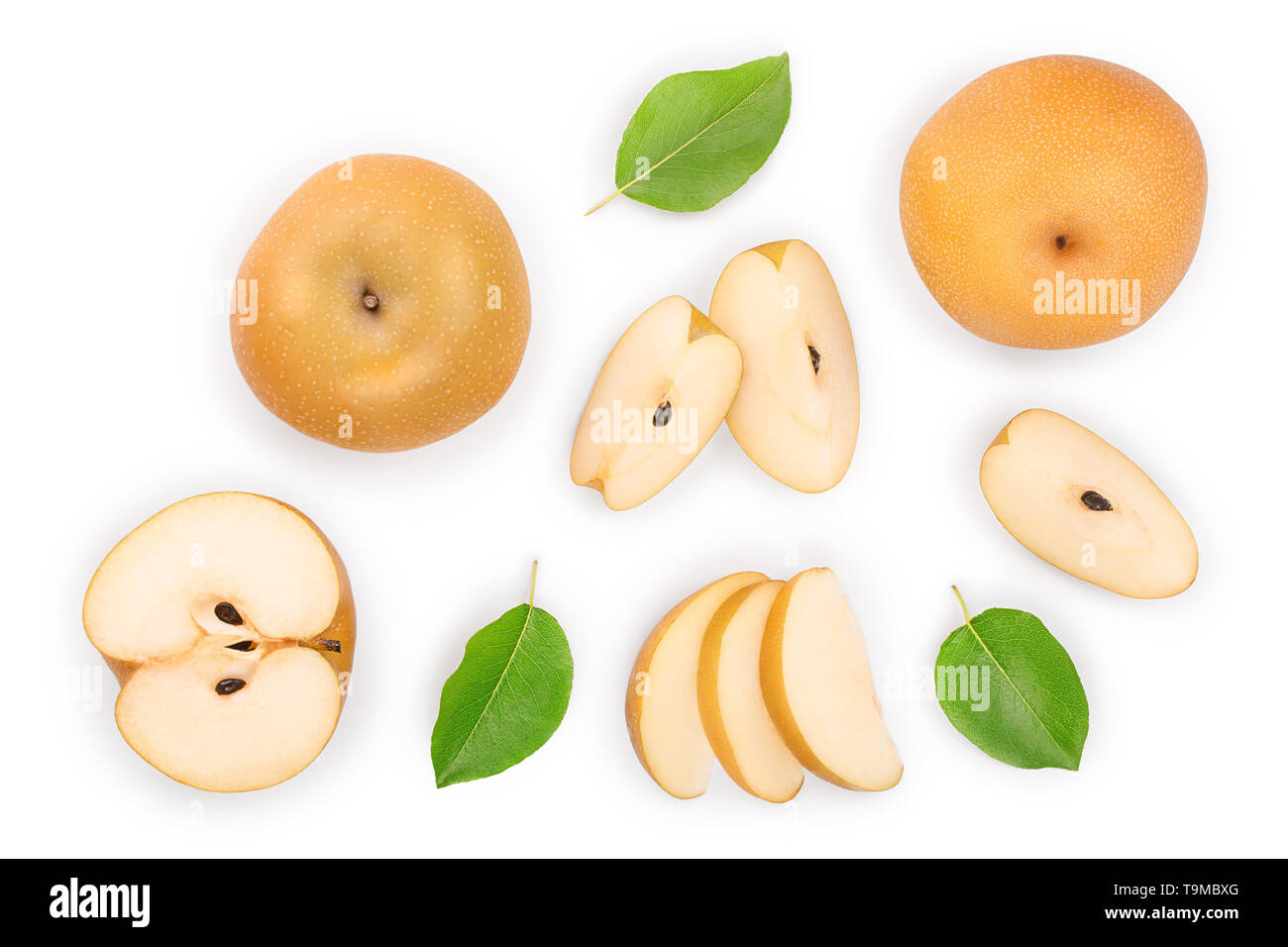 Fresh asian pear with leaves isolated on white background. Top view ...