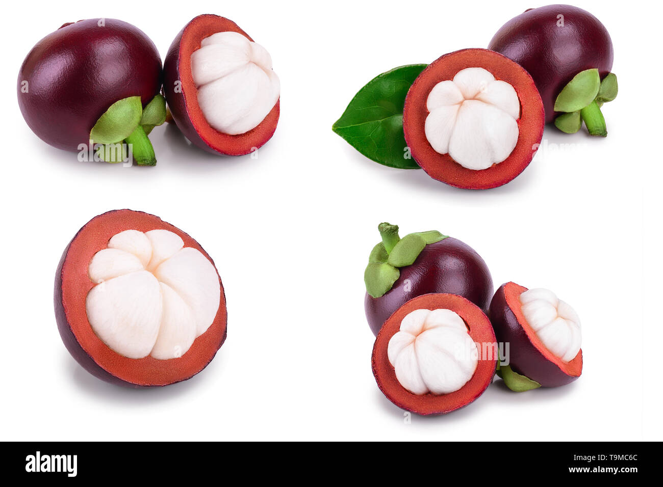 ripe mangosteen with leaves isolated on white background closeup. Set ...