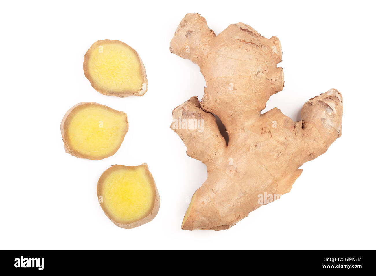 fresh Ginger root and slice isolated on white background. Top view ...
