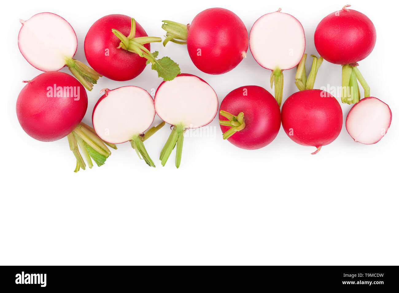 fresh whole and sliced radishes isolated on white background with copy ...