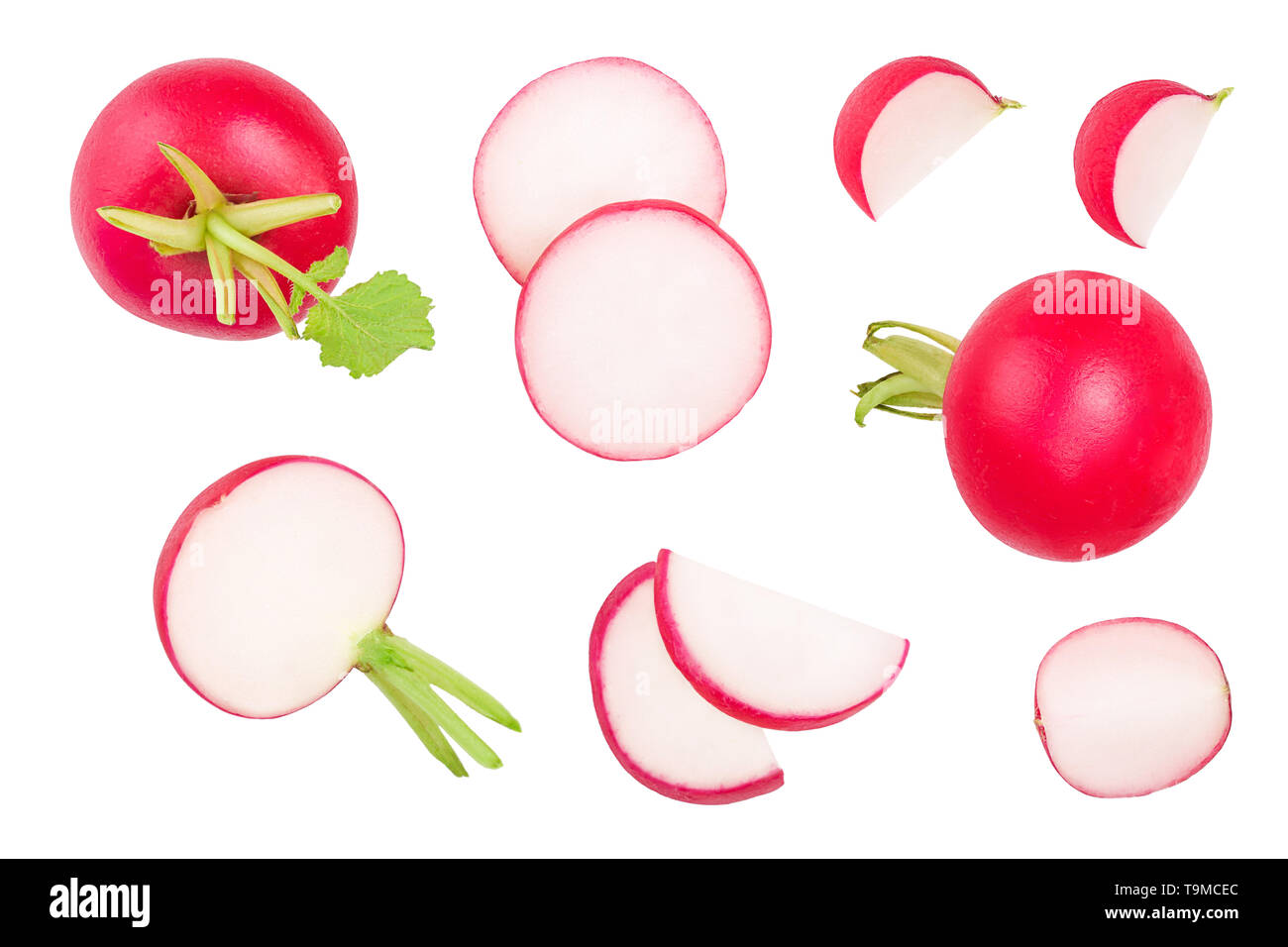 Set of fresh whole and sliced radish isolated on white background. Top ...