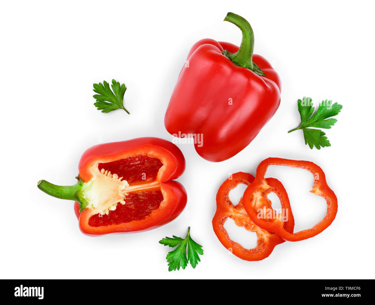 red sweet bell pepper isolated on white background. Top view. Flat lay ...