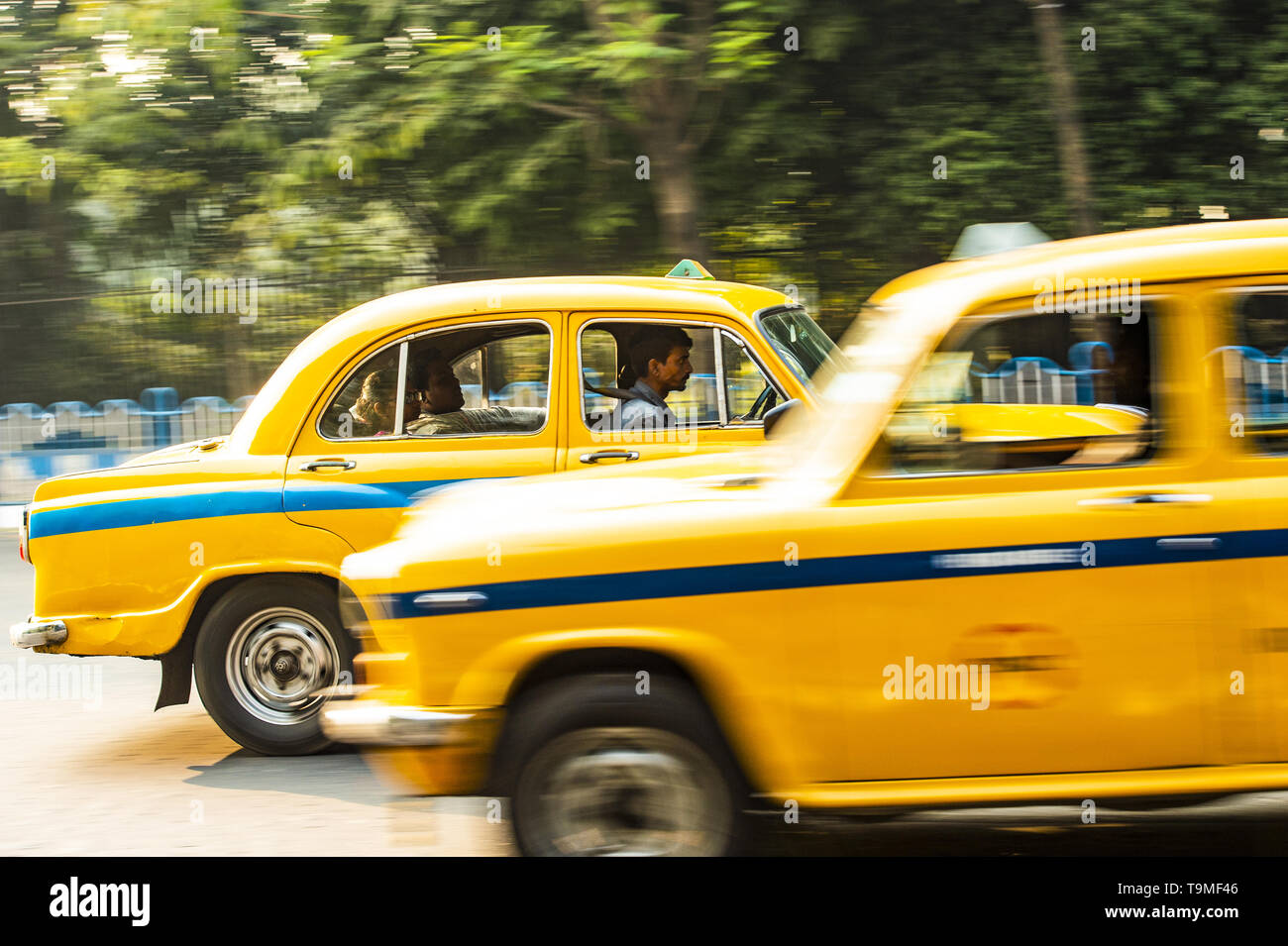 An Ambassador cab taxi with passengers on board is running on the ...