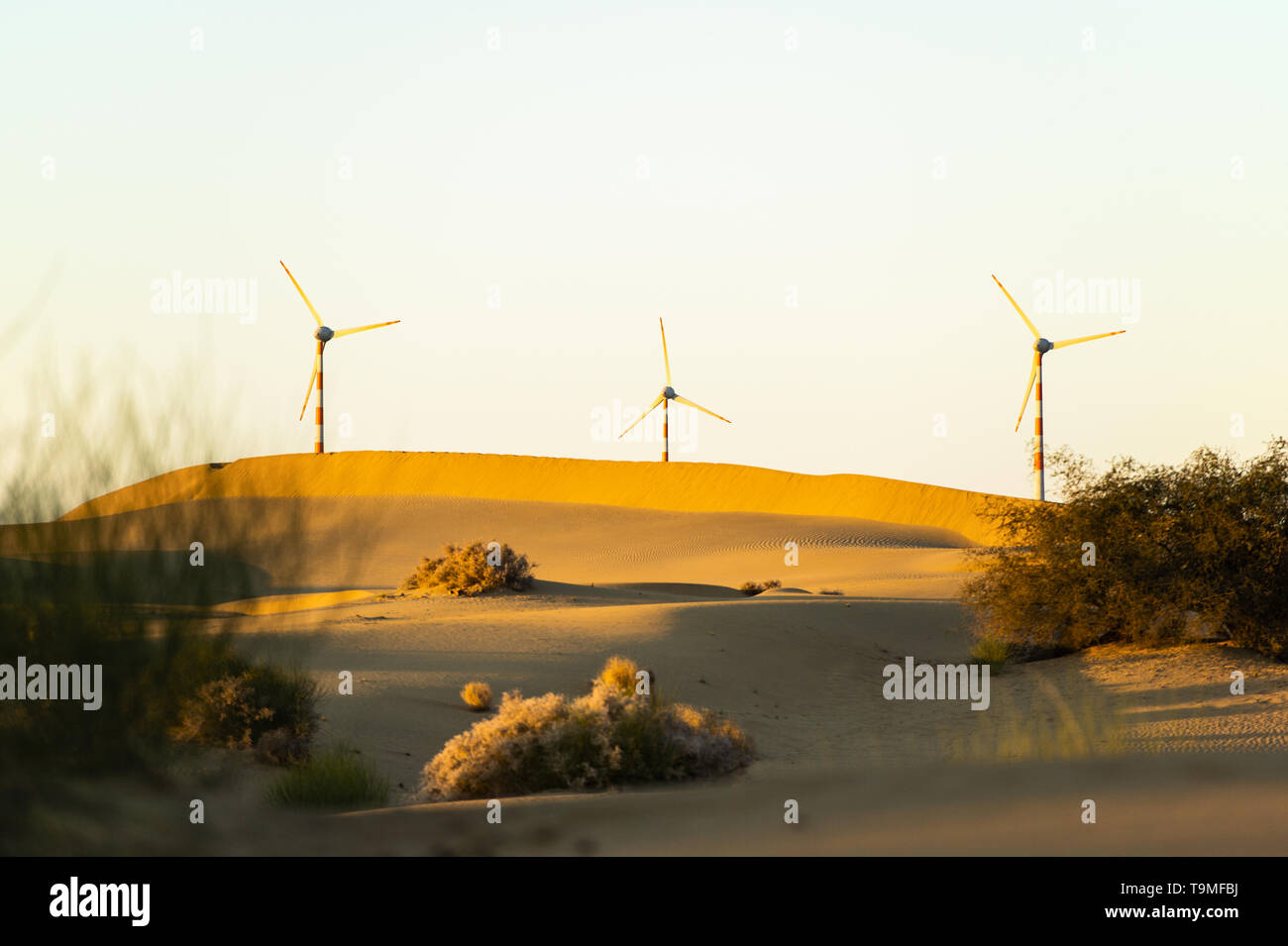 (Selective focus) Wind turbines in the middle of the Thar Desert during ...