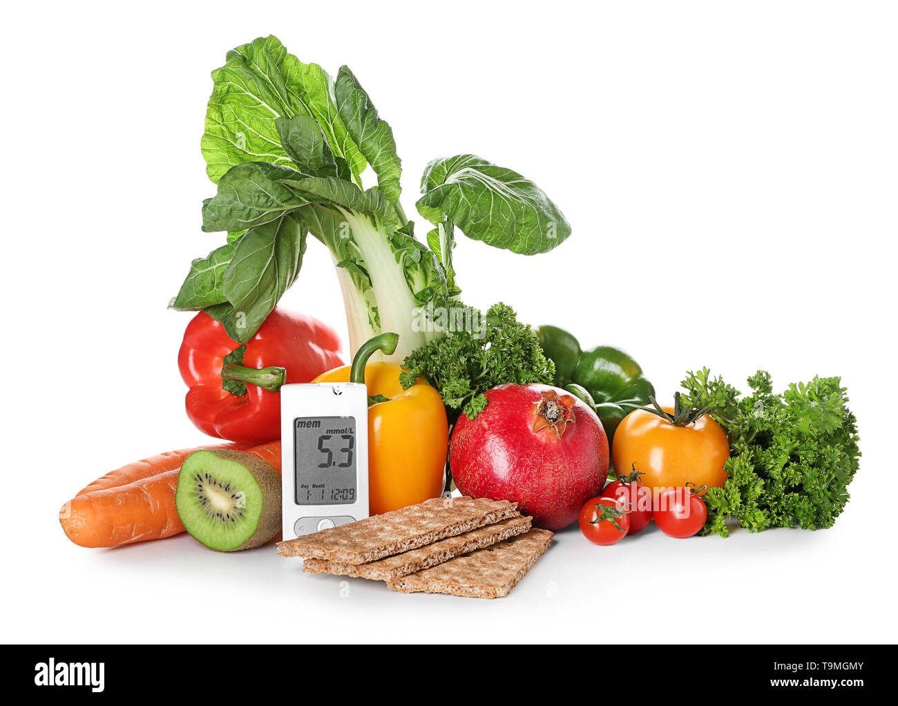 Digital glucometer with healthy food on white background. Diabetes diet ...