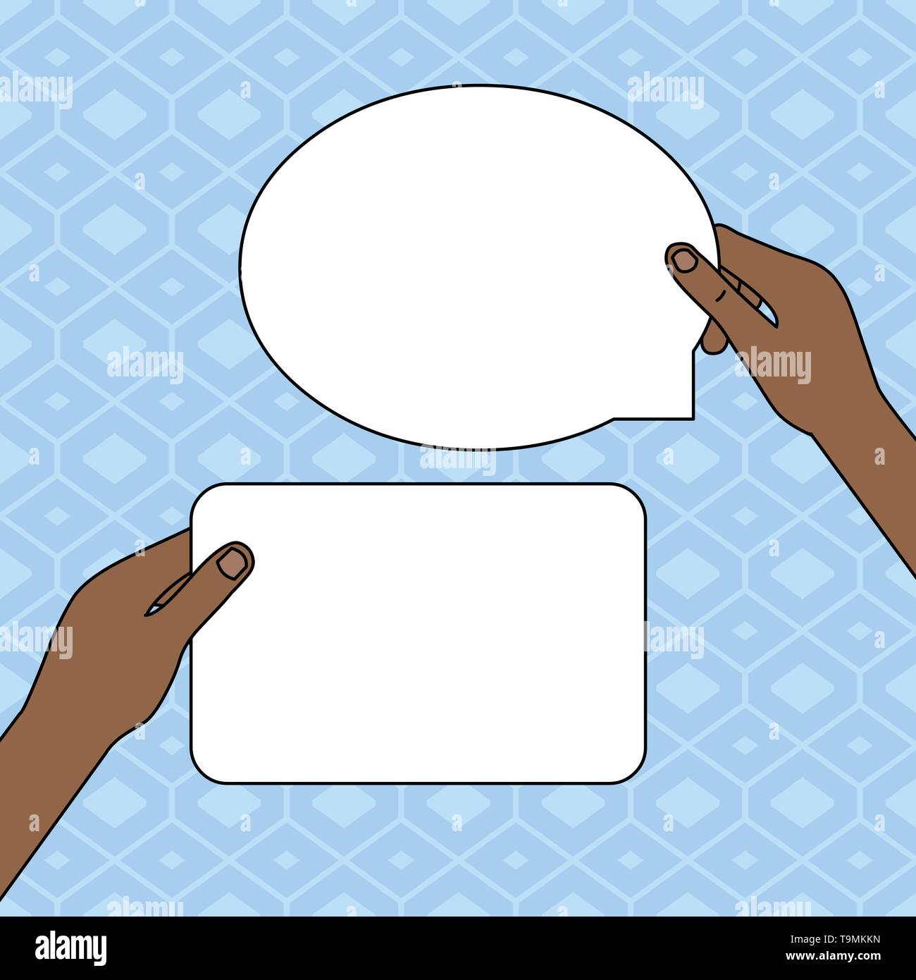 Two Blank Figured Tablets Signs Held in Hands One Above Other Text ...
