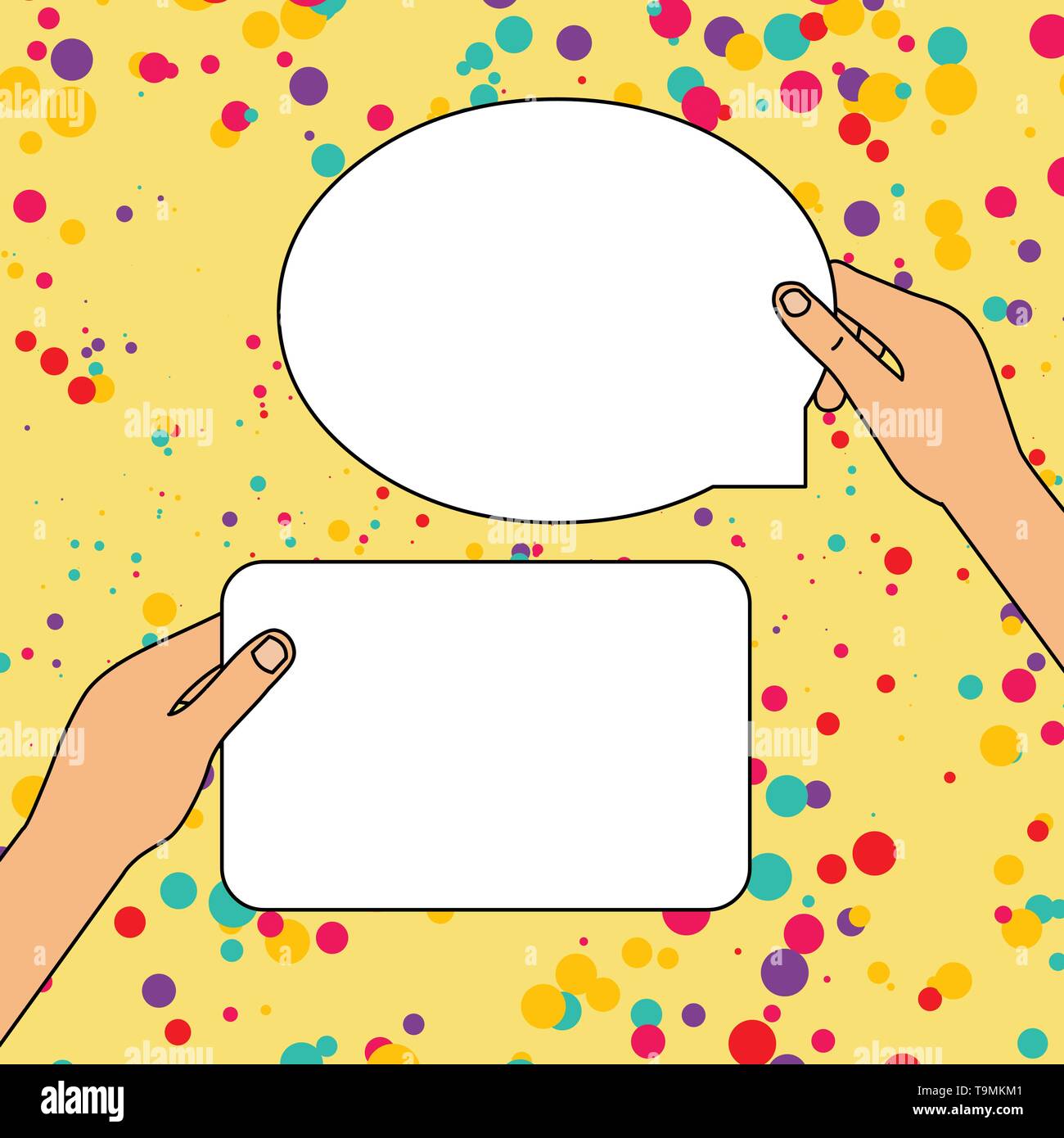 Two Blank Figured Tablets Signs Held in Hands One Above Other Text ...