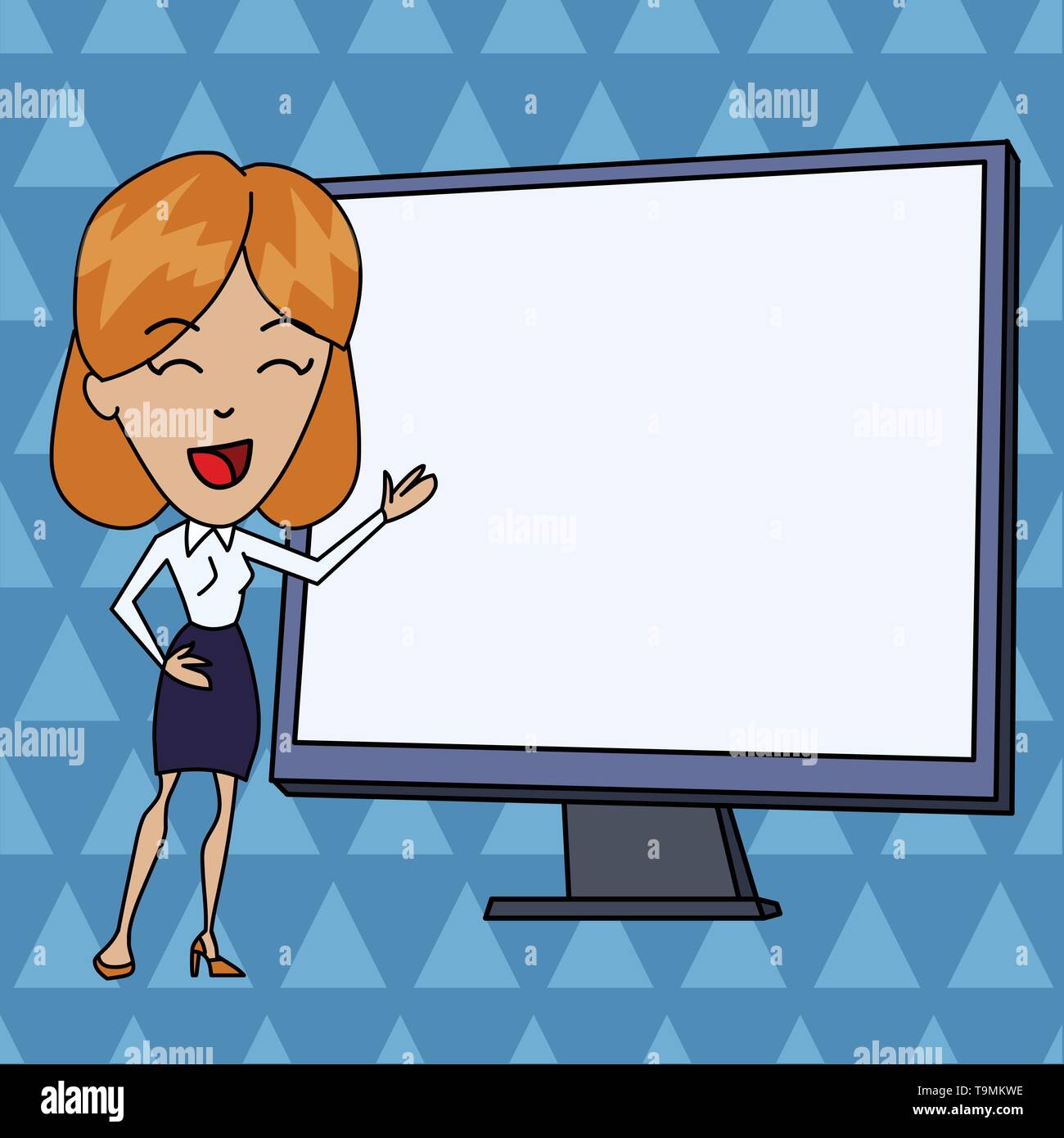 White Female in Standing Pointing Blank Screen Whiteboard Presentation ...
