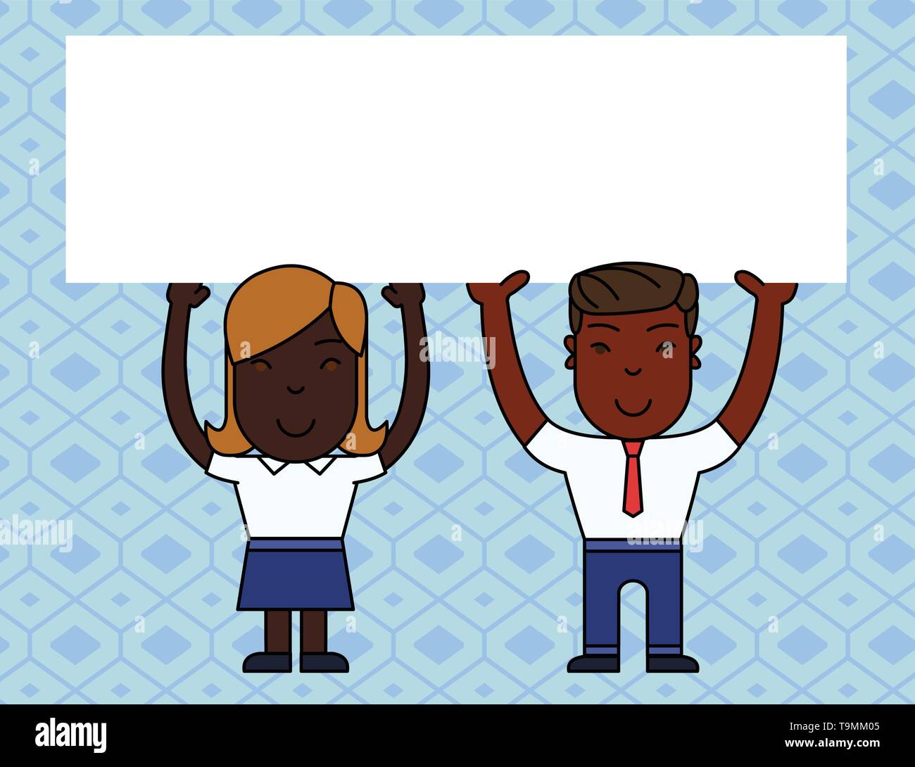 Two Smiling People Holding Big Blank Poster Board Overhead with Both ...