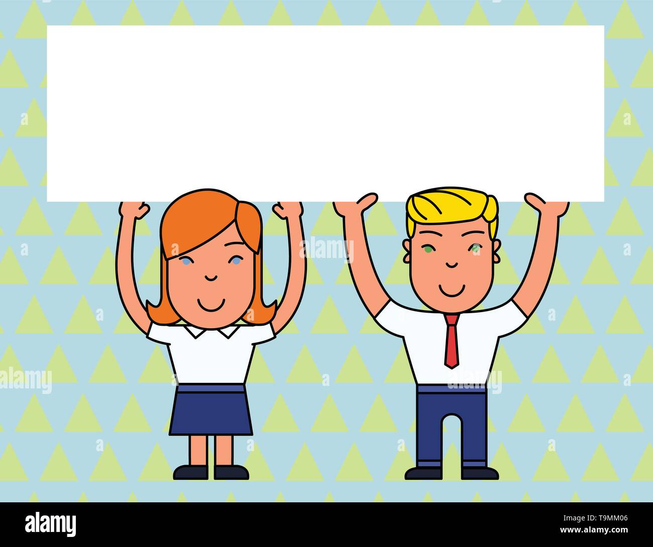 Two Smiling People Holding Big Blank Poster Board Overhead with Both ...