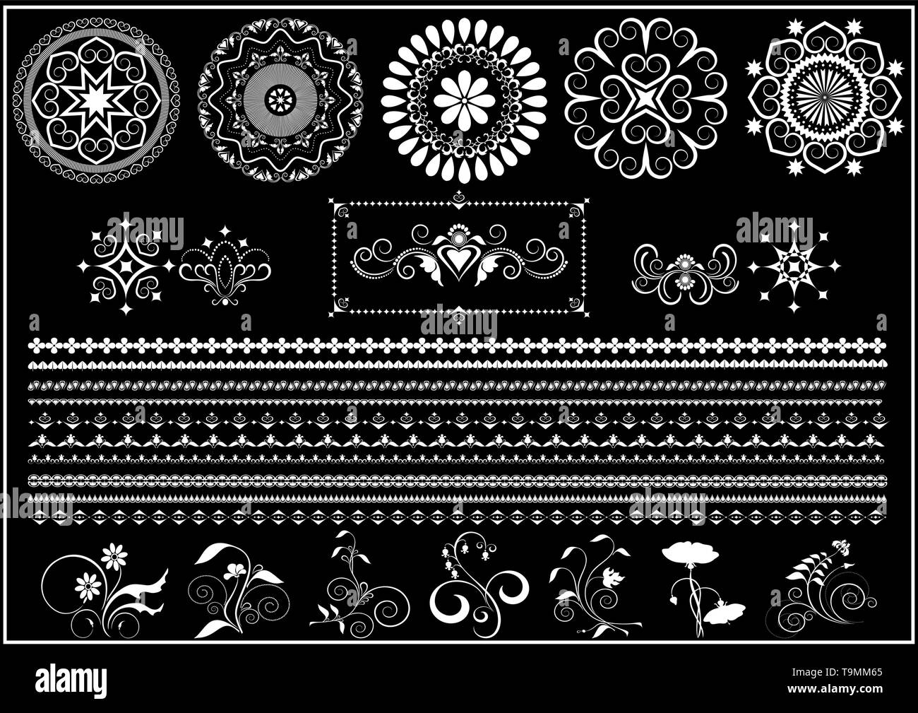 Vintage white round calligraphy ornaments and border on black ...