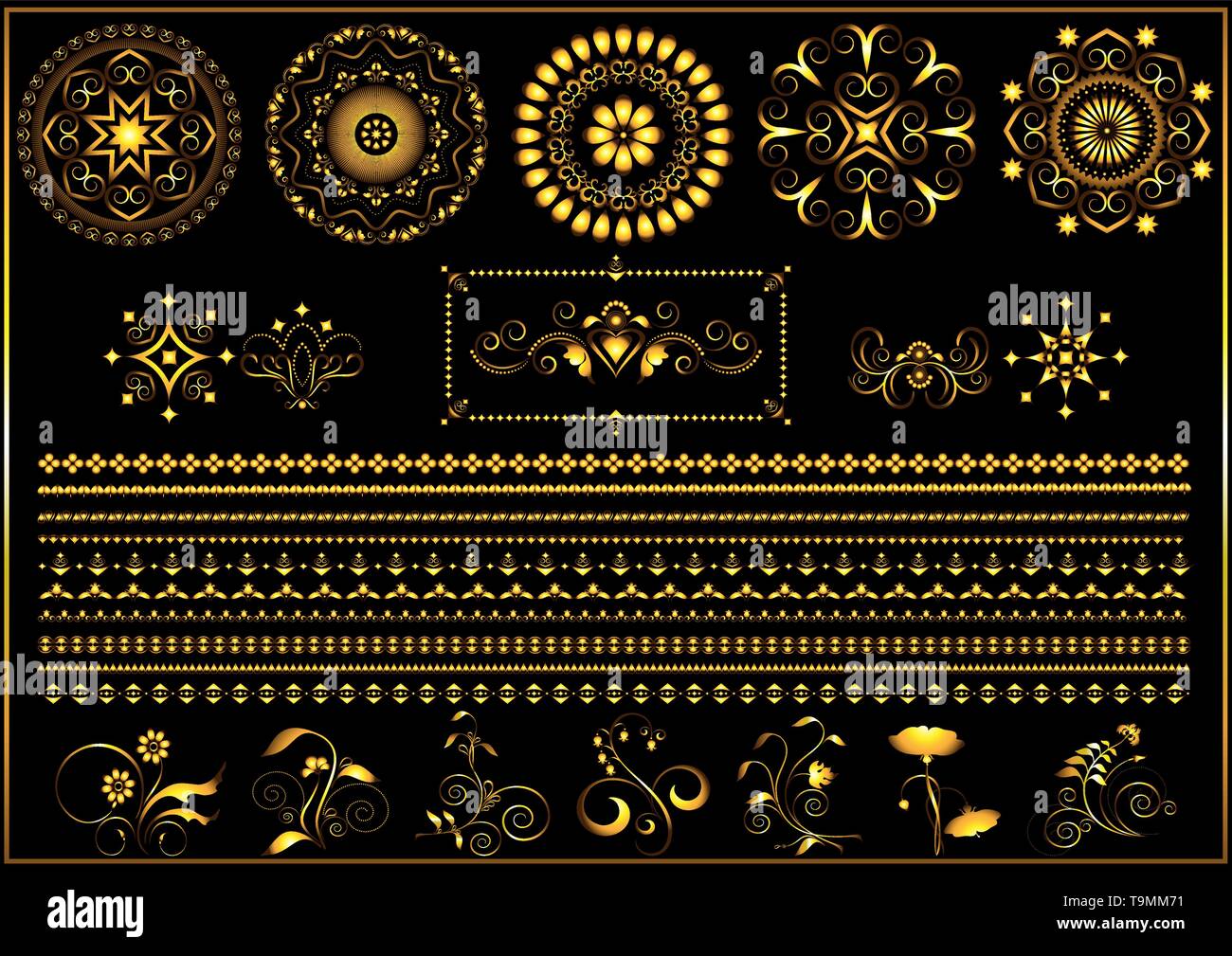 Vintage gold round calligraphy ornaments and border on black background ...